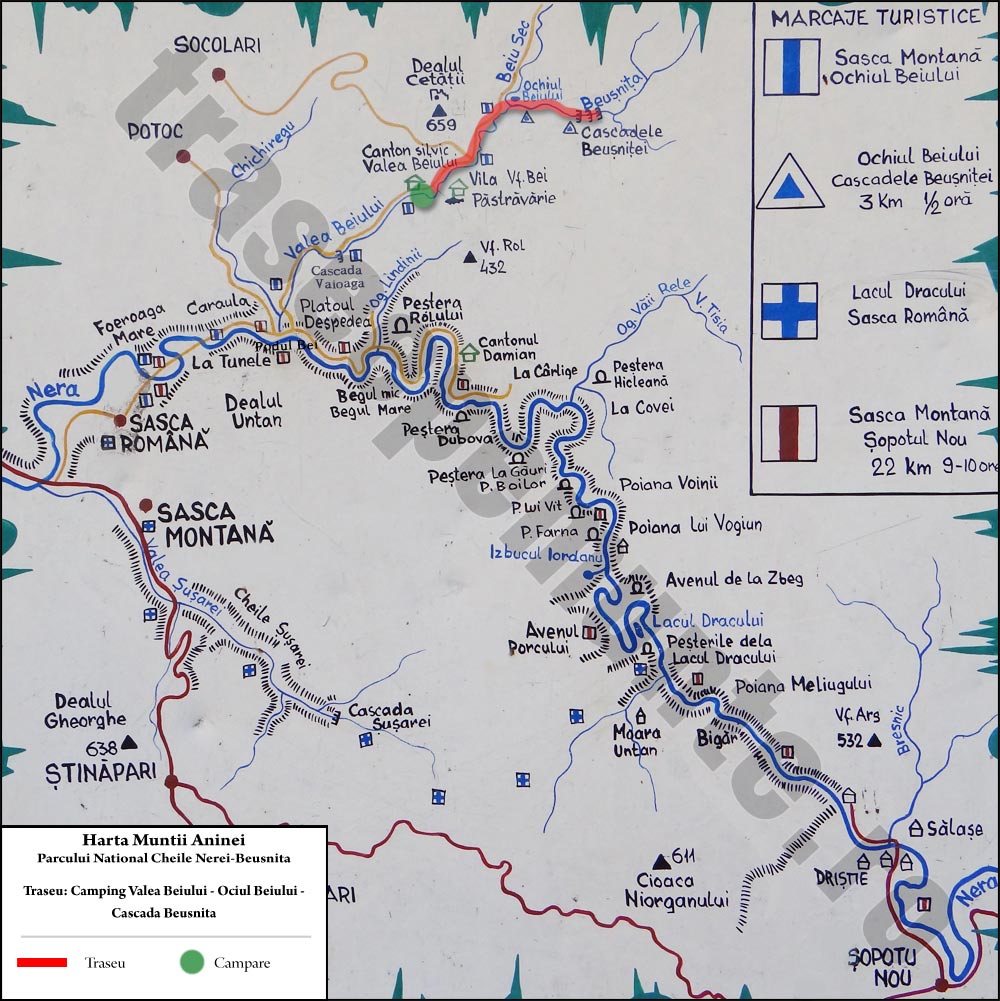 Harta Muntii Aninei / Cheile Nerei. Trasue la Cascada Beusnita ...